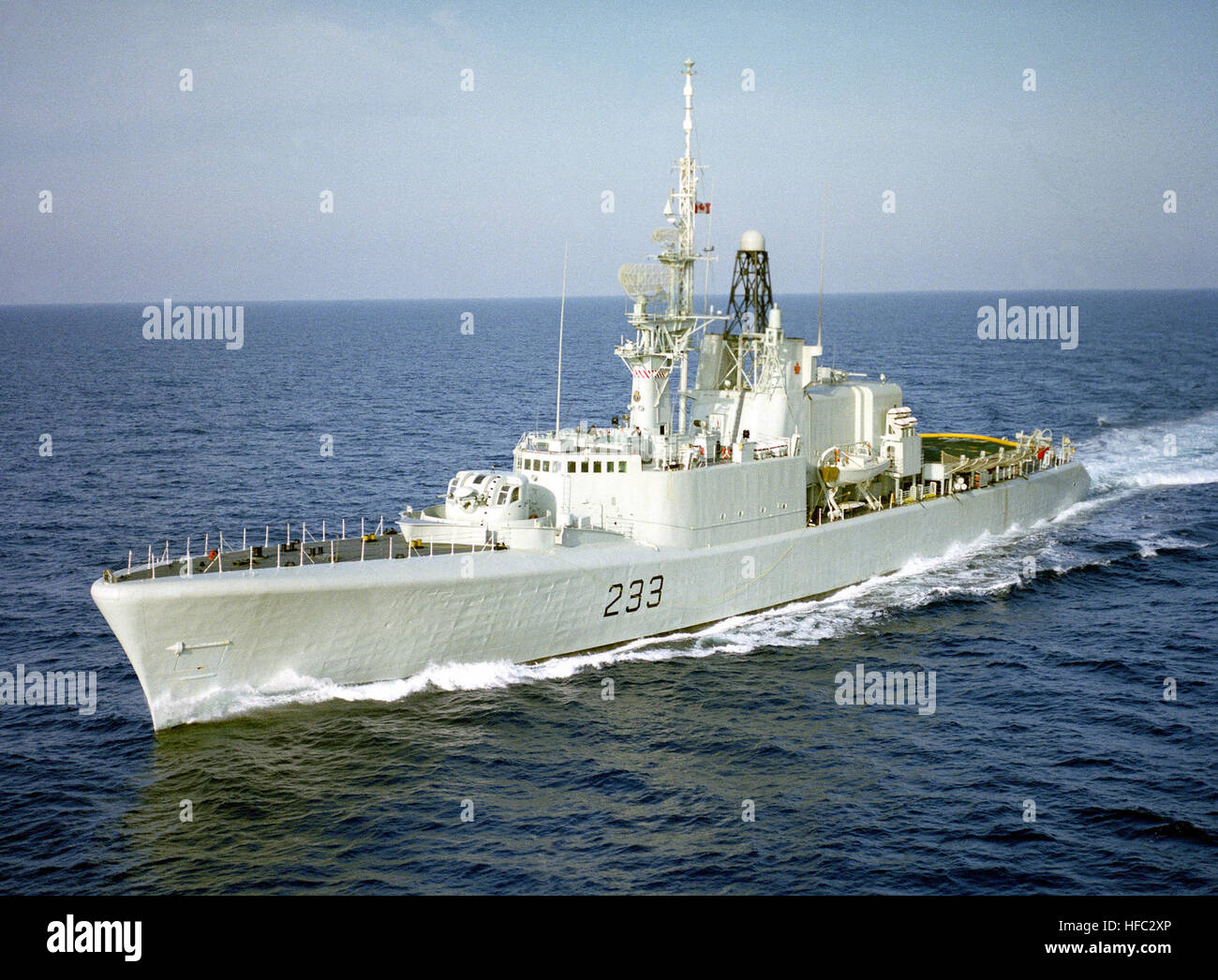 A port bow view of the Canadian St. Laurent class frigate HMCS FRASER ...