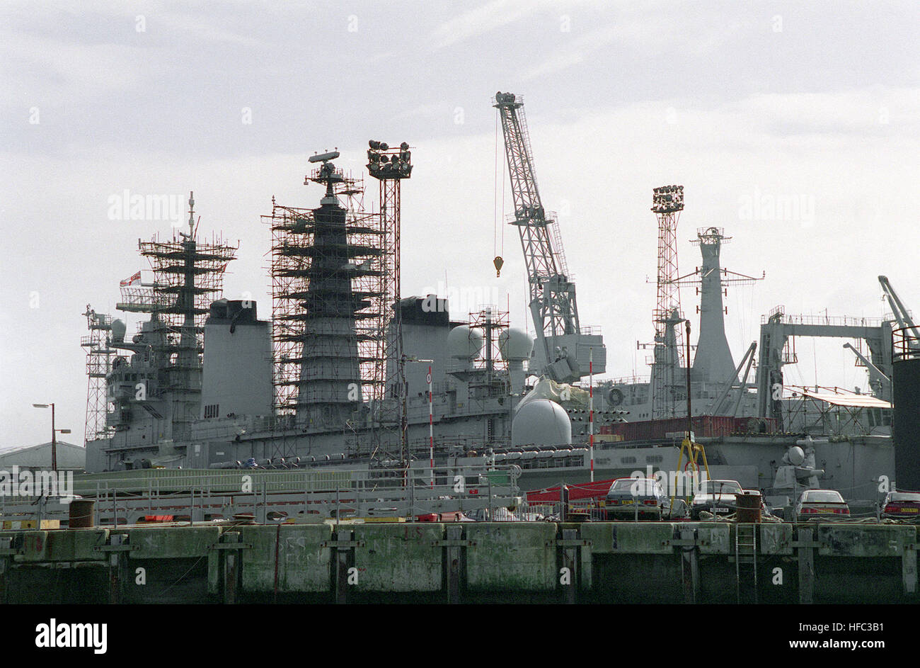 A port quarter view of the aircraft carrier HMS INVINCIBLE (R-05) in a ...