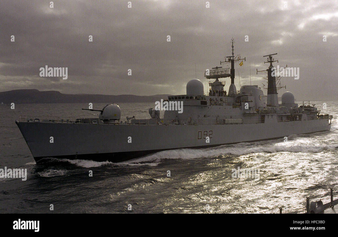 A port bow view of the British Sheffield class destroyer HMS LIVERPOOL ...