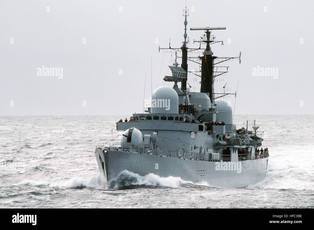 A port bow view of the British destroyer HMS LIVERPOOL (D 92) underway ...