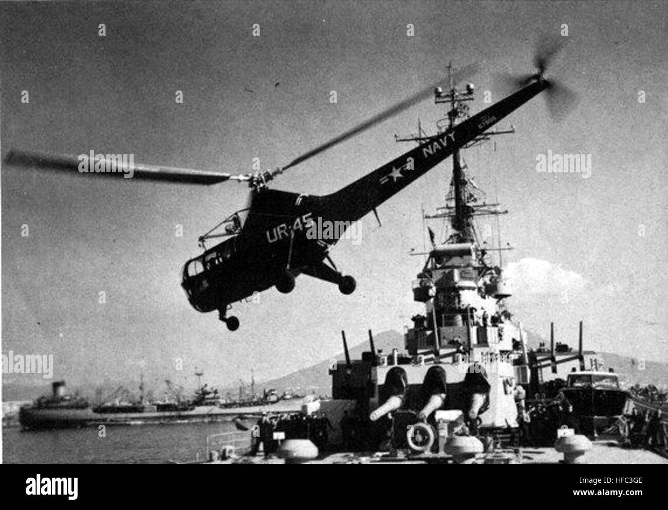 HO3S takes off from USS Columbus (CA-74) at Naples c1951 Stock Photo ...