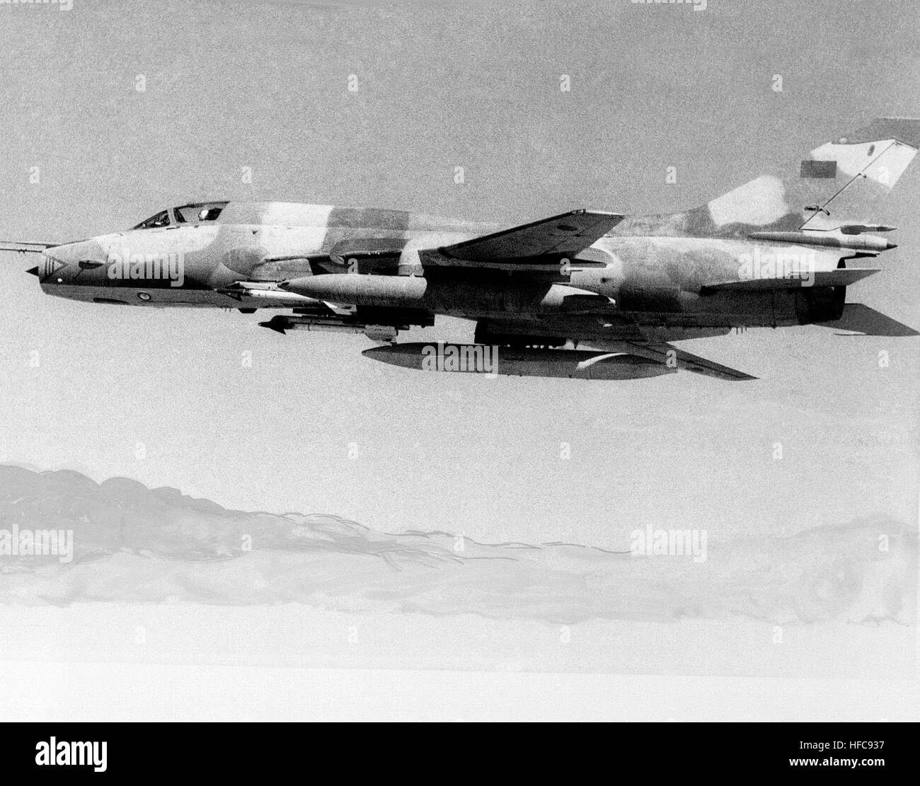 An air to air right side view of a Soviet Su-17 Fitter aircraft. Libyan ...