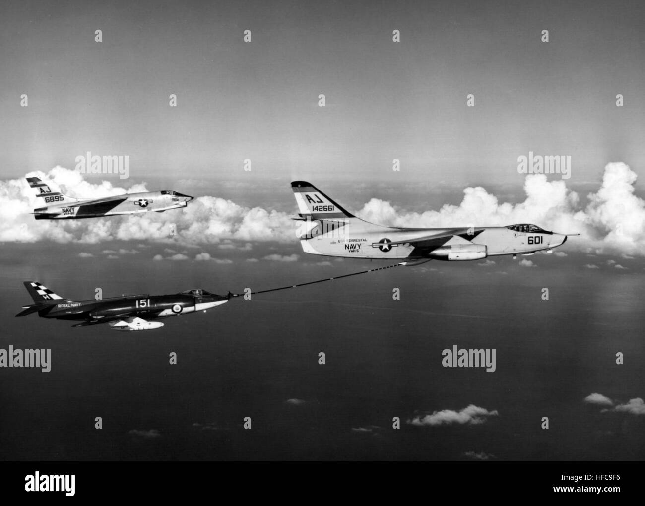 An A-3B Skywarrior from VAH-5 squadron refuels a Scimitar aircraft from ...