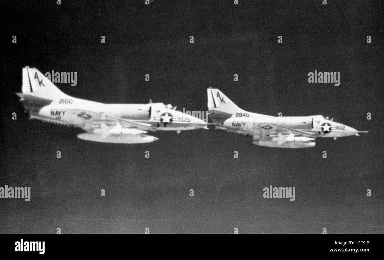 A-4B Skyhawk aircraft of VSF-3 fly armed with Bullpup missiles ...