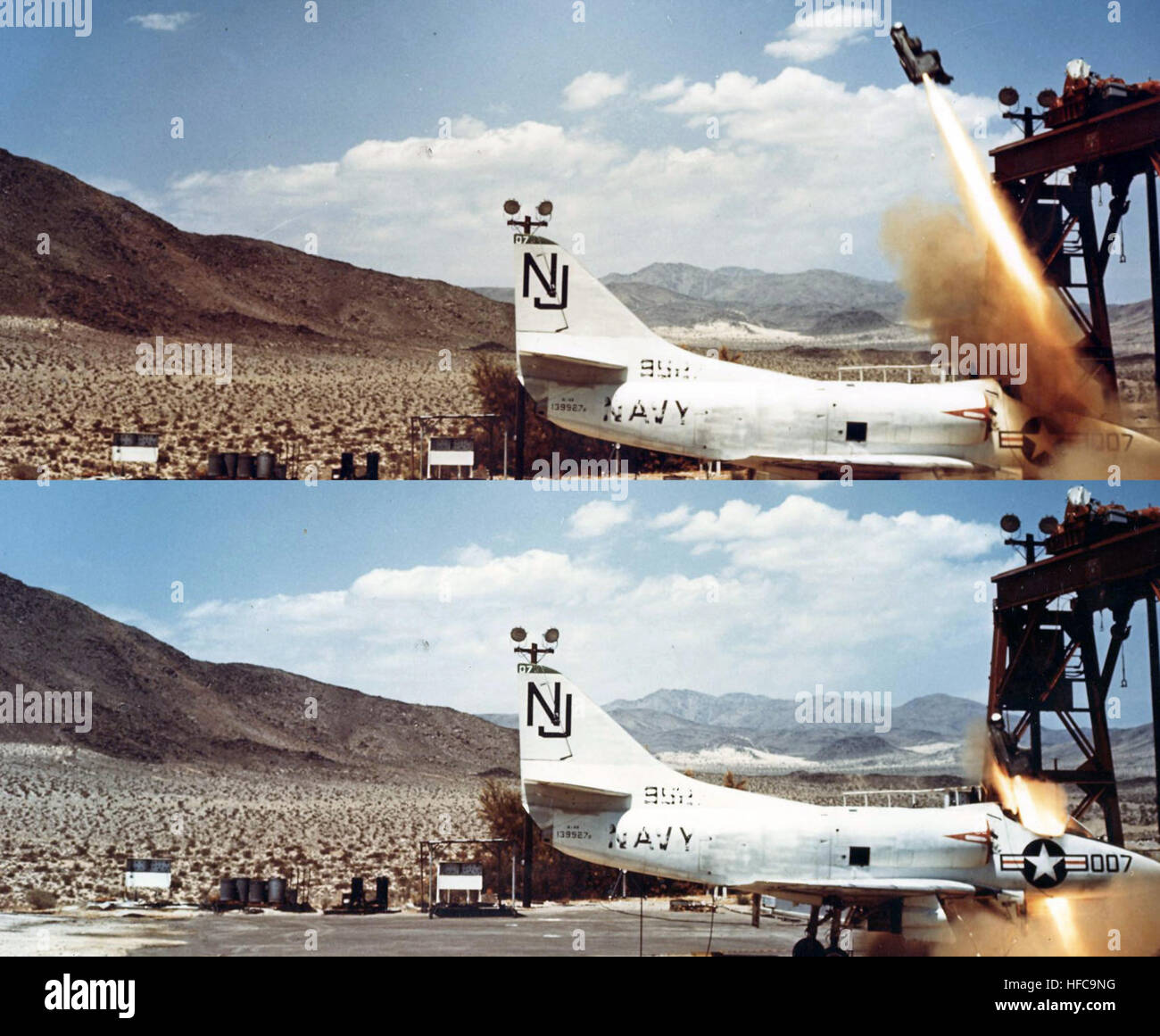 An A-4A Skyhawk aircraft conducts an ejection sequence during test or ...