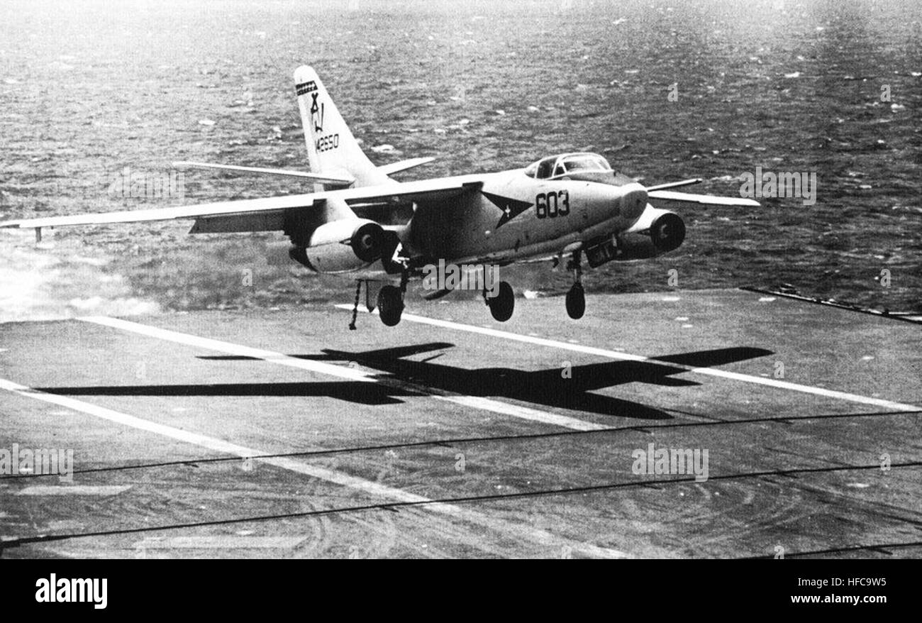 An A-3B Skywarrior of VAH-6 is landing on the aircraft carrier USS ...