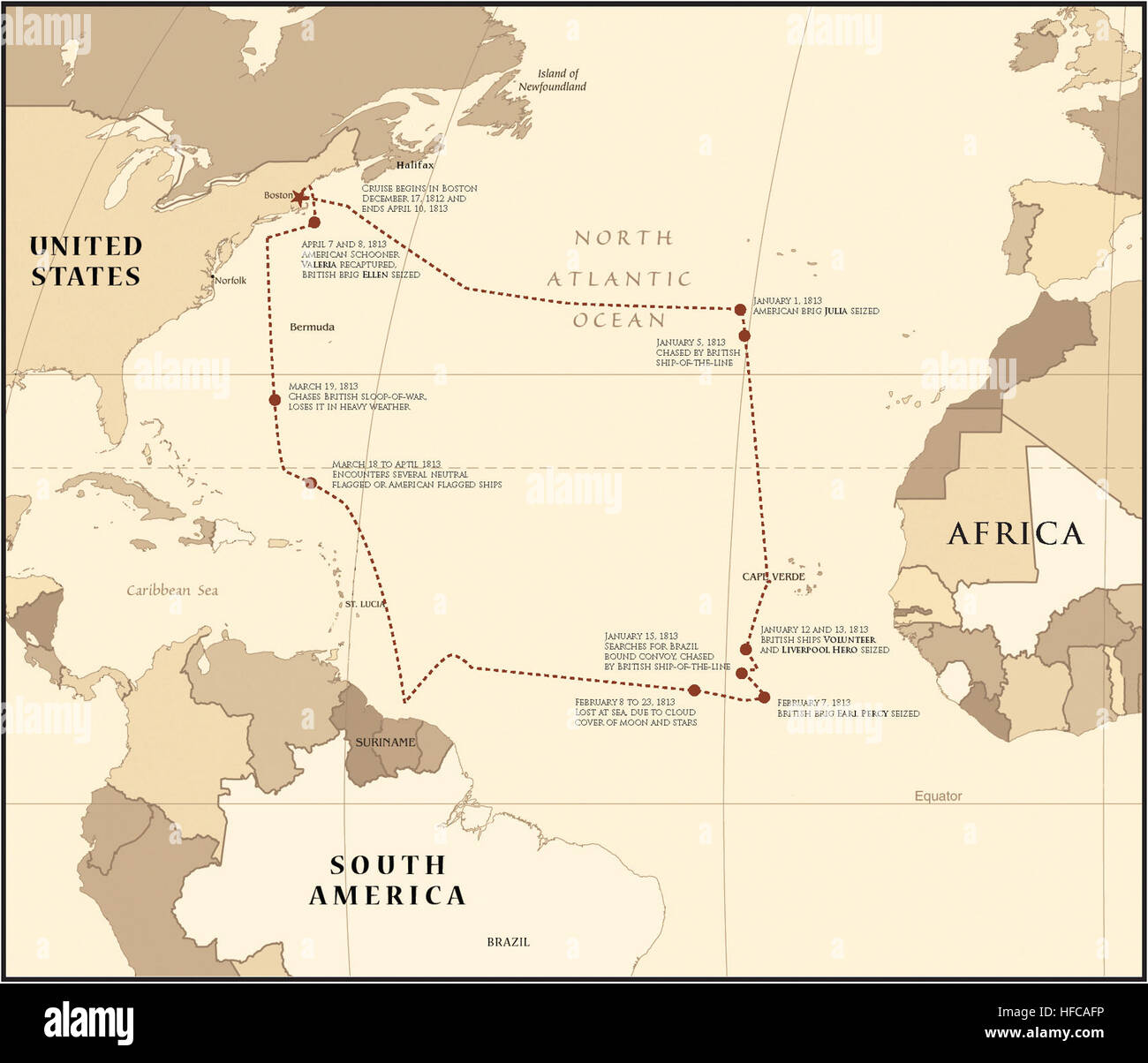 Map illustrating the first War of 1812 cruise of the frigate Chesapeake ...