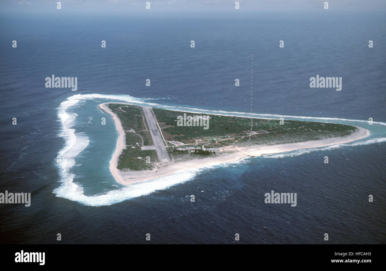 Aerial view of Marcus Island and the runway which supports the US Coast ...