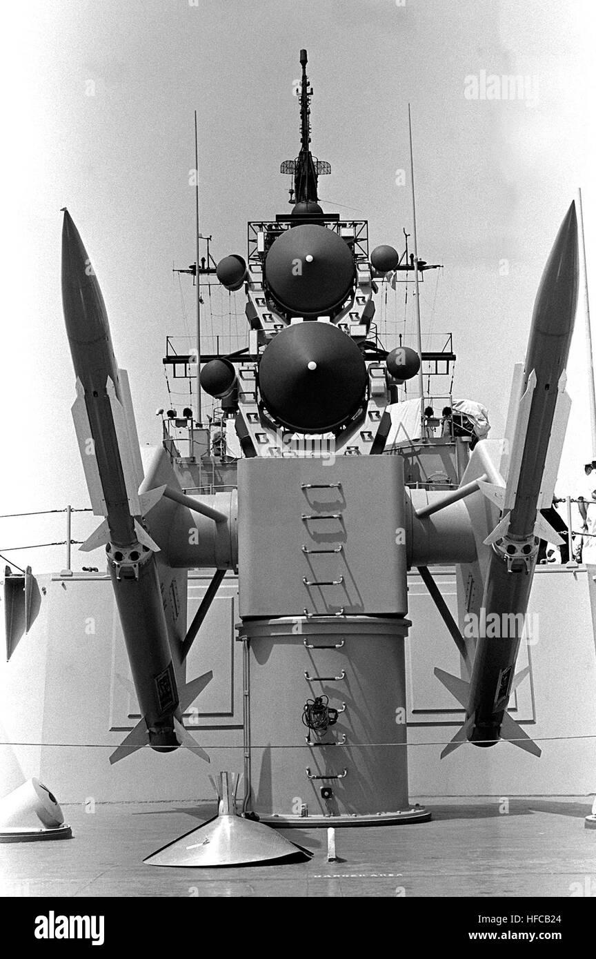 A front view of the Mark 10 missile launcher aboard the guided missile ...
