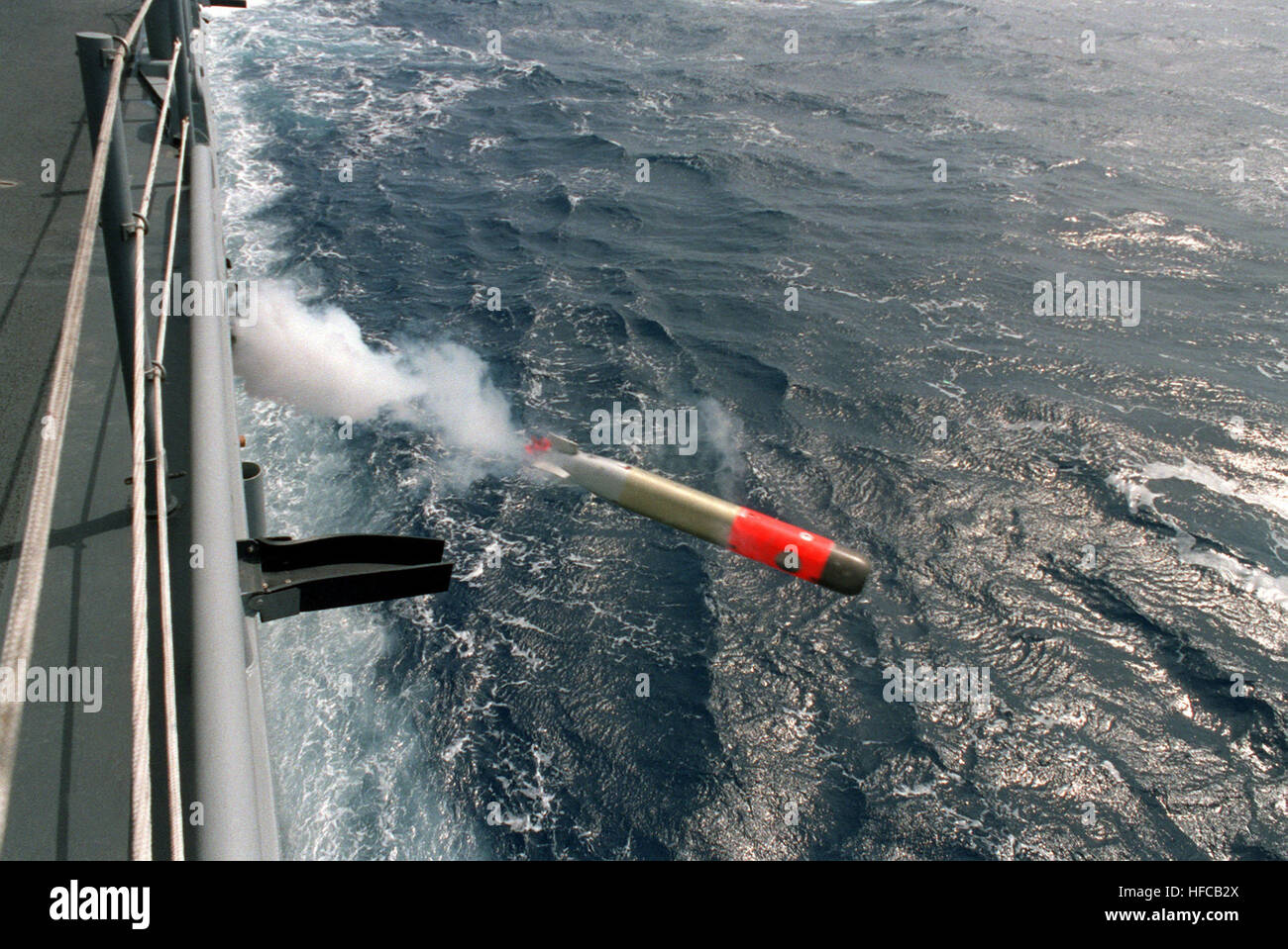 A Mark 46 torpedo is launched from a U.S. Navy Oliver Hazard Perry ...