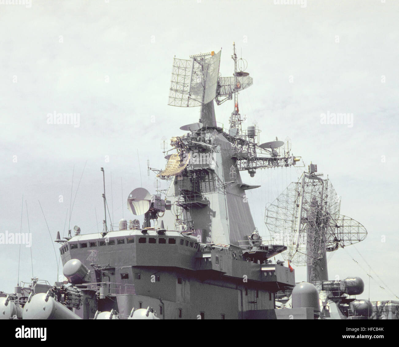 A port view of the superstructure on the Soviet Slava class guided ...