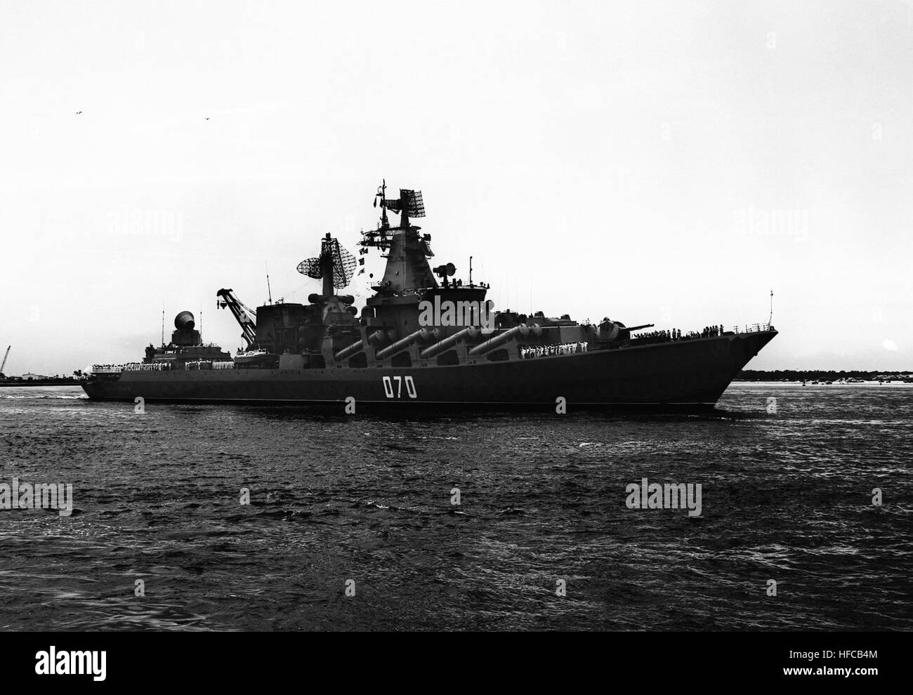 A starboard bow view of the Soviet Slava class guided missile cruiser ...