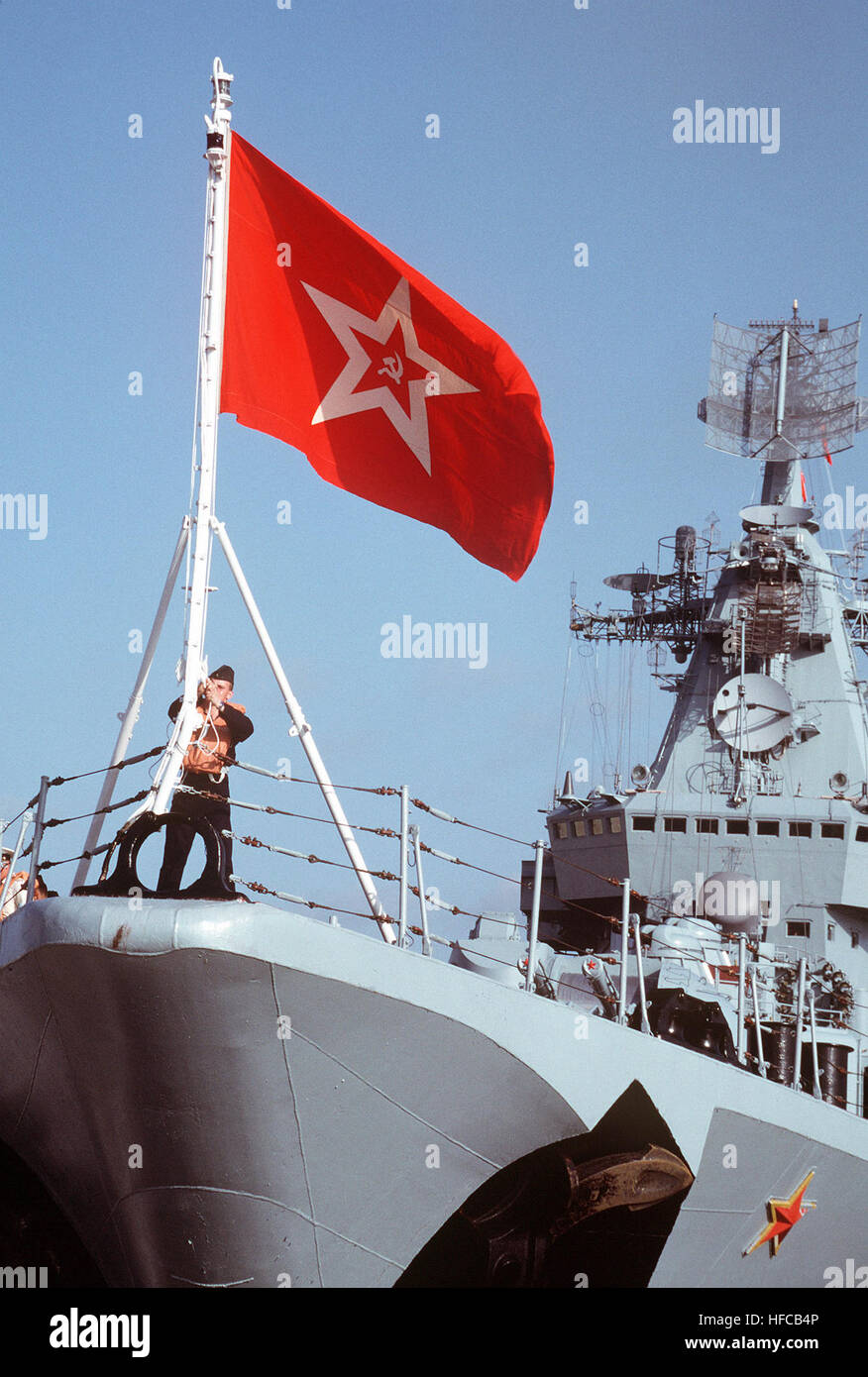 A crew member aboard the Soviet Slava class guided missile cruiser ...