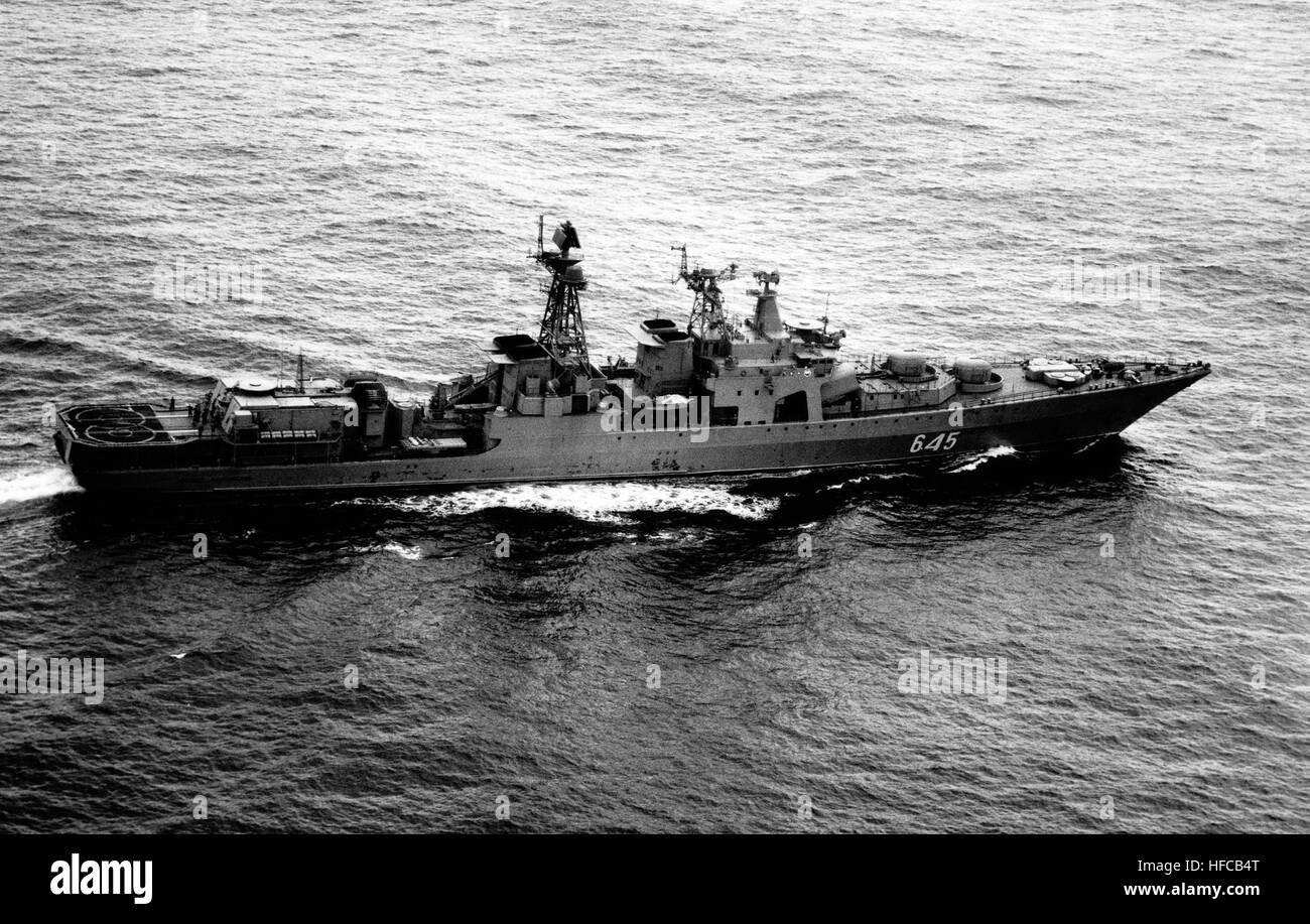 A starboard quarter view of the Soviet Udaloy class guided missile ...
