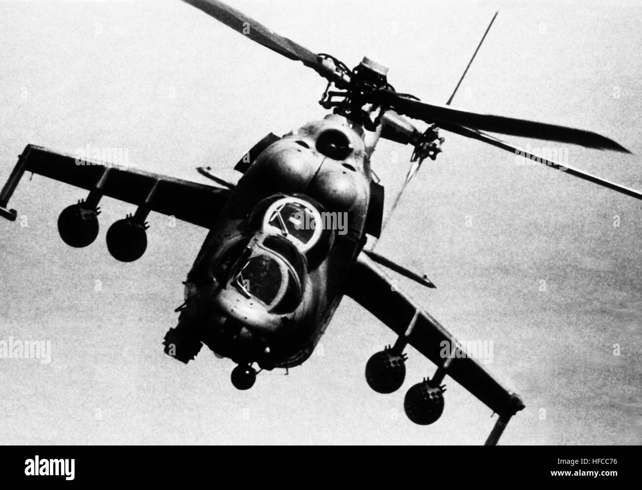Front view of a Soviet Mi-24 Hind E ground-attack helicopter. "Soviet Military Power," 1983 ...