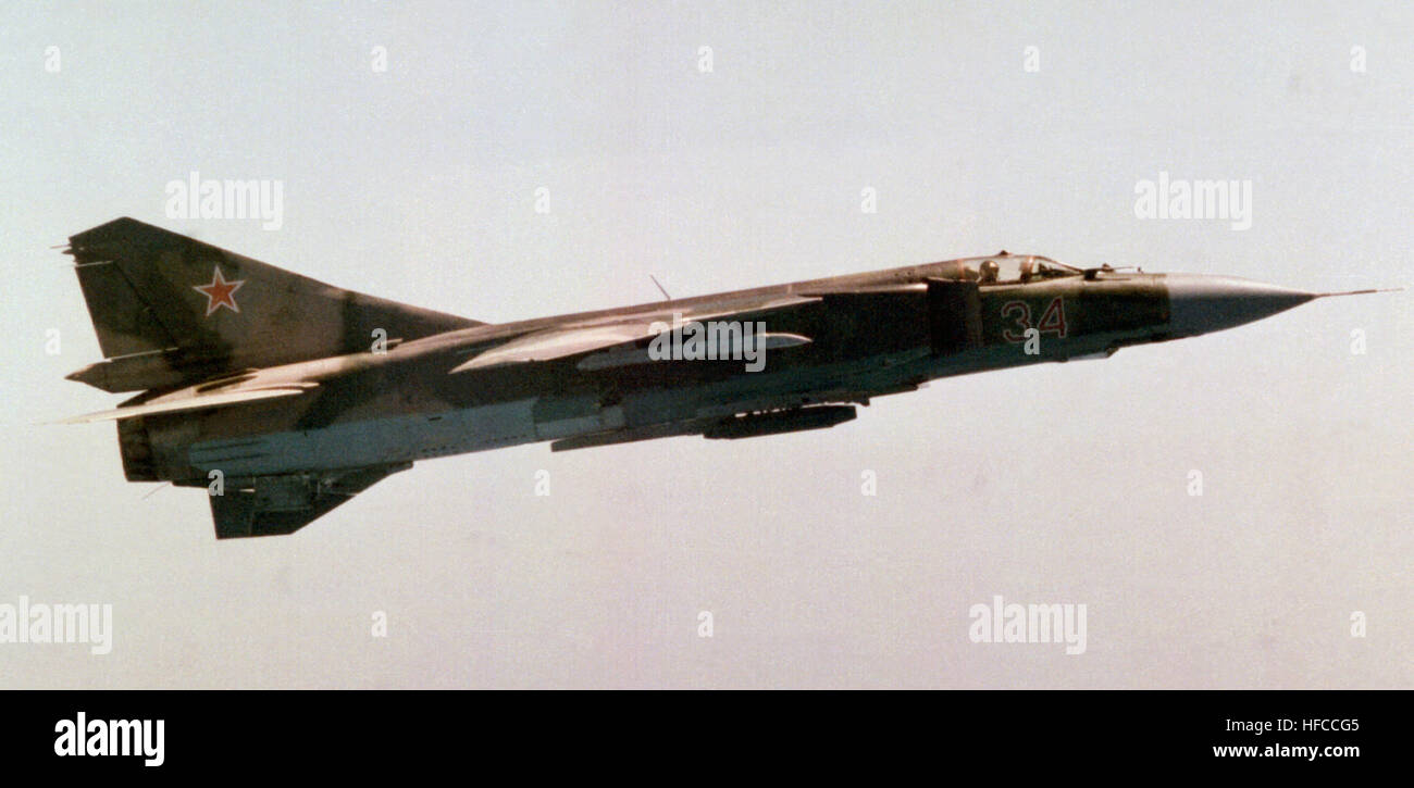 An air-to-air right side view of a Soviet MiG-23 Flogger K aircraft ...