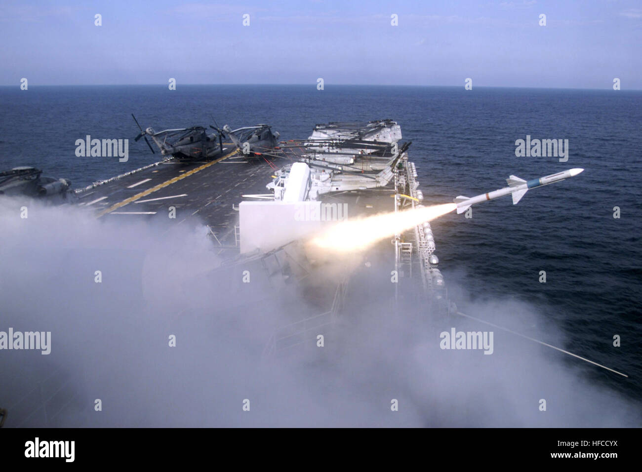 A NATO Sea Sparrow missile launches from the forward mount of USS Wasp ...