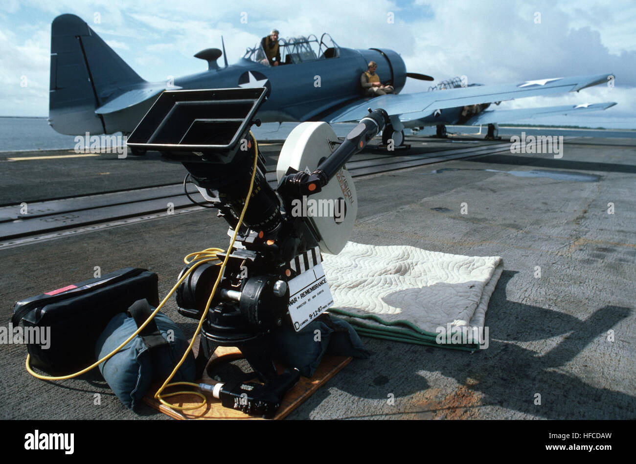 A motion picture camera rests on the flight deck during filming of the ...