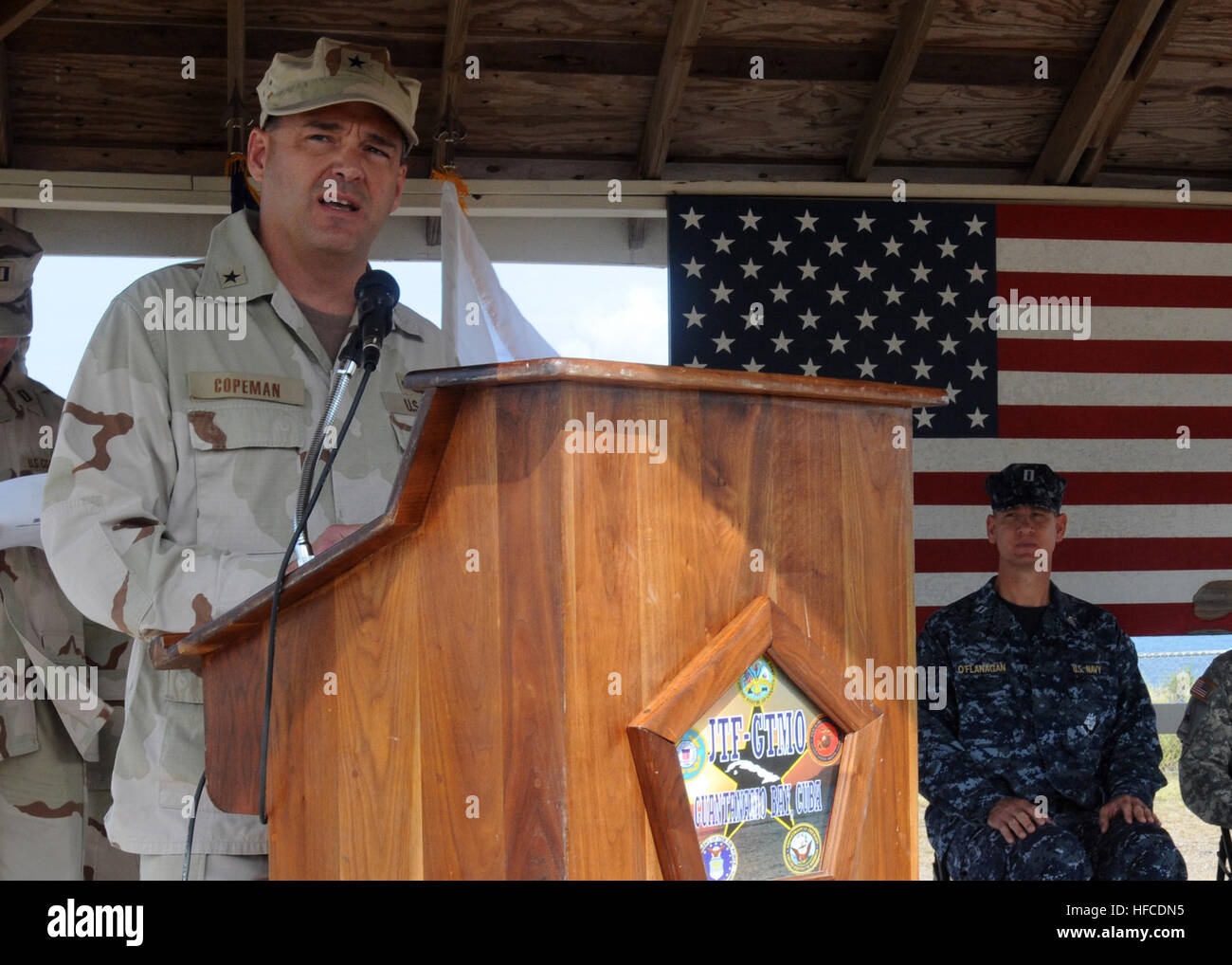 GUANTANAMO BAY, Cuba – Navy Rear Adm. Thomas Copeman delivers a speech ...