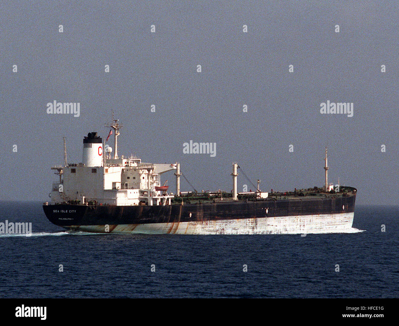 A starboard quarter view of the reflagged Kuwaiti supertanker SEA ISLE ...