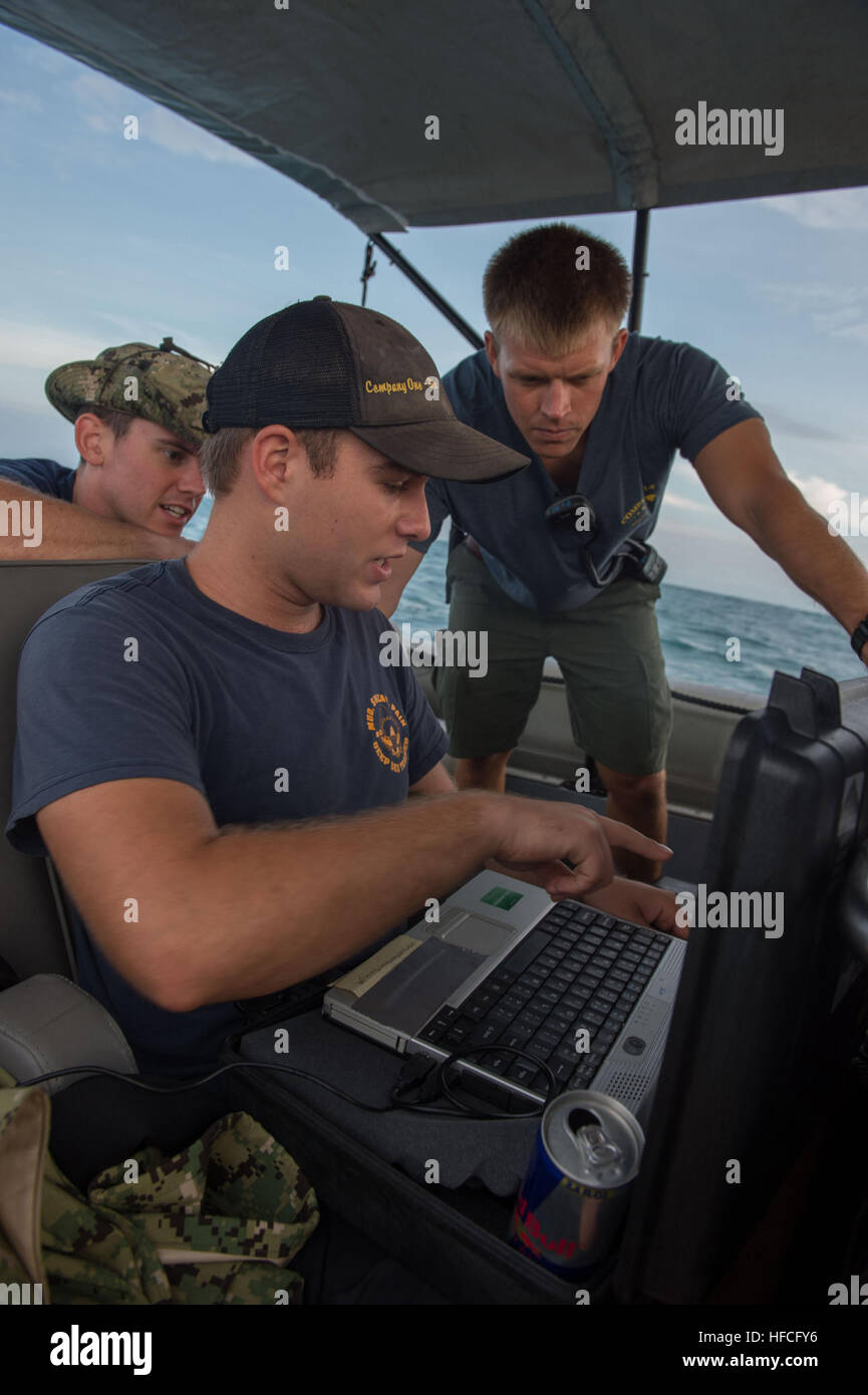 Navy divers assigned to Mobile Diving and Salvage Unit (MDSU) 1 monitor ...