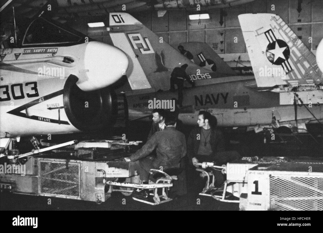 A-7Es of VA-82 in hangar of USS America (CVA-66) in 1971 Stock Photo ...