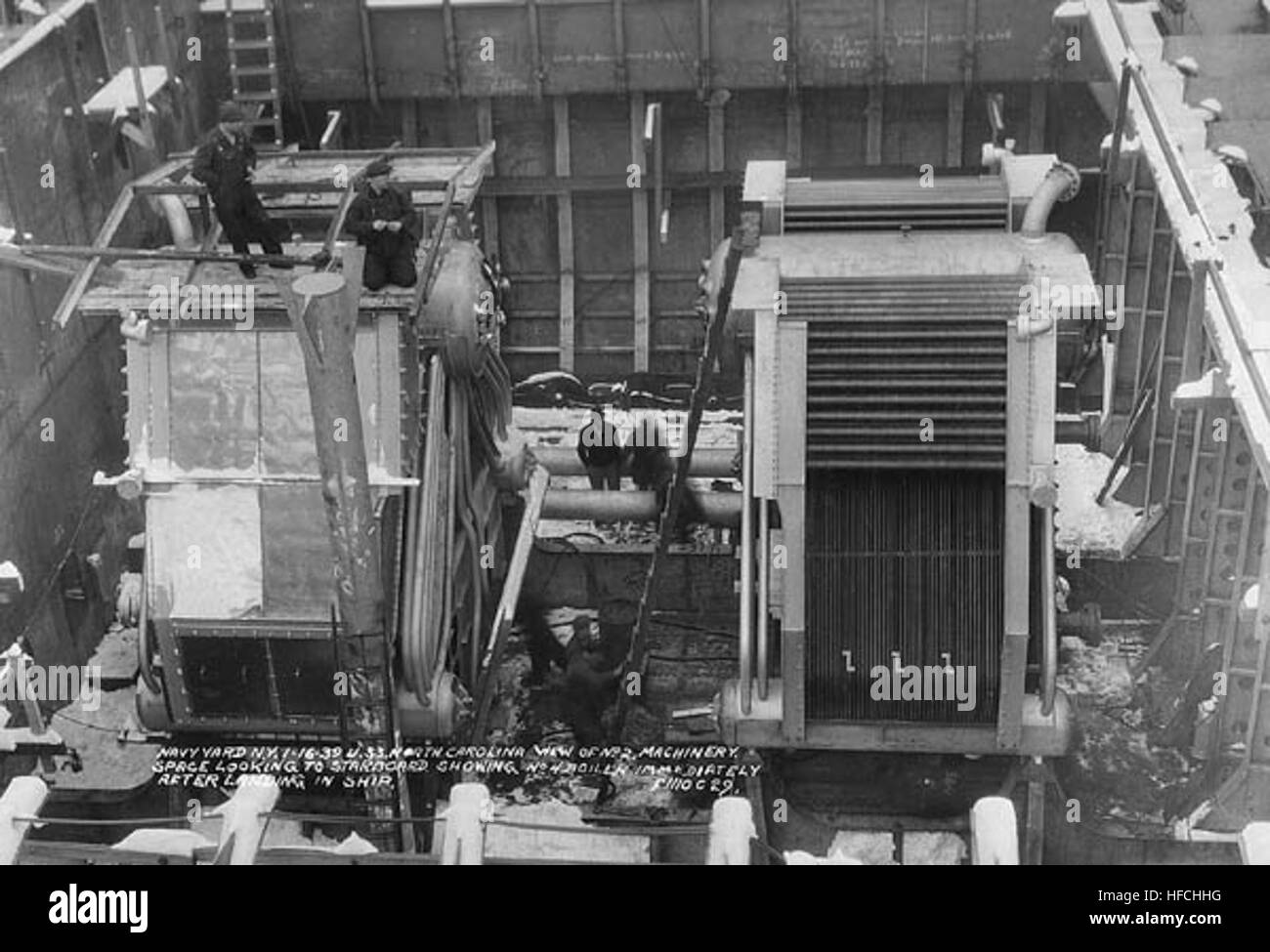 No.2 machinery space of USS North Carolina (BB-55) during construction ...