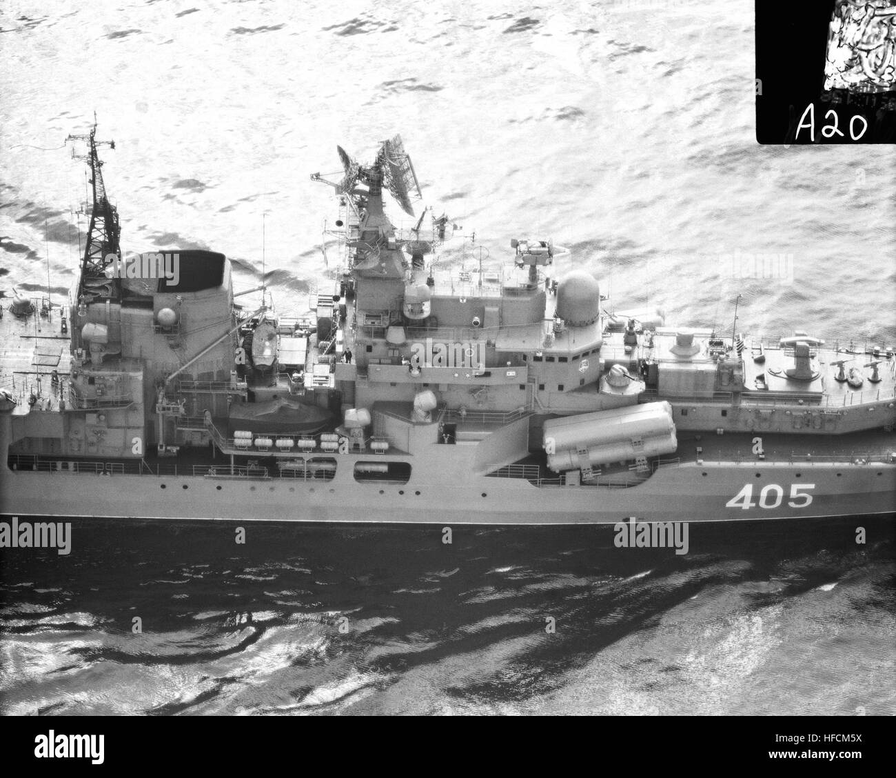 A starboard side amidships view of the Soviet Sovremenny class guided ...