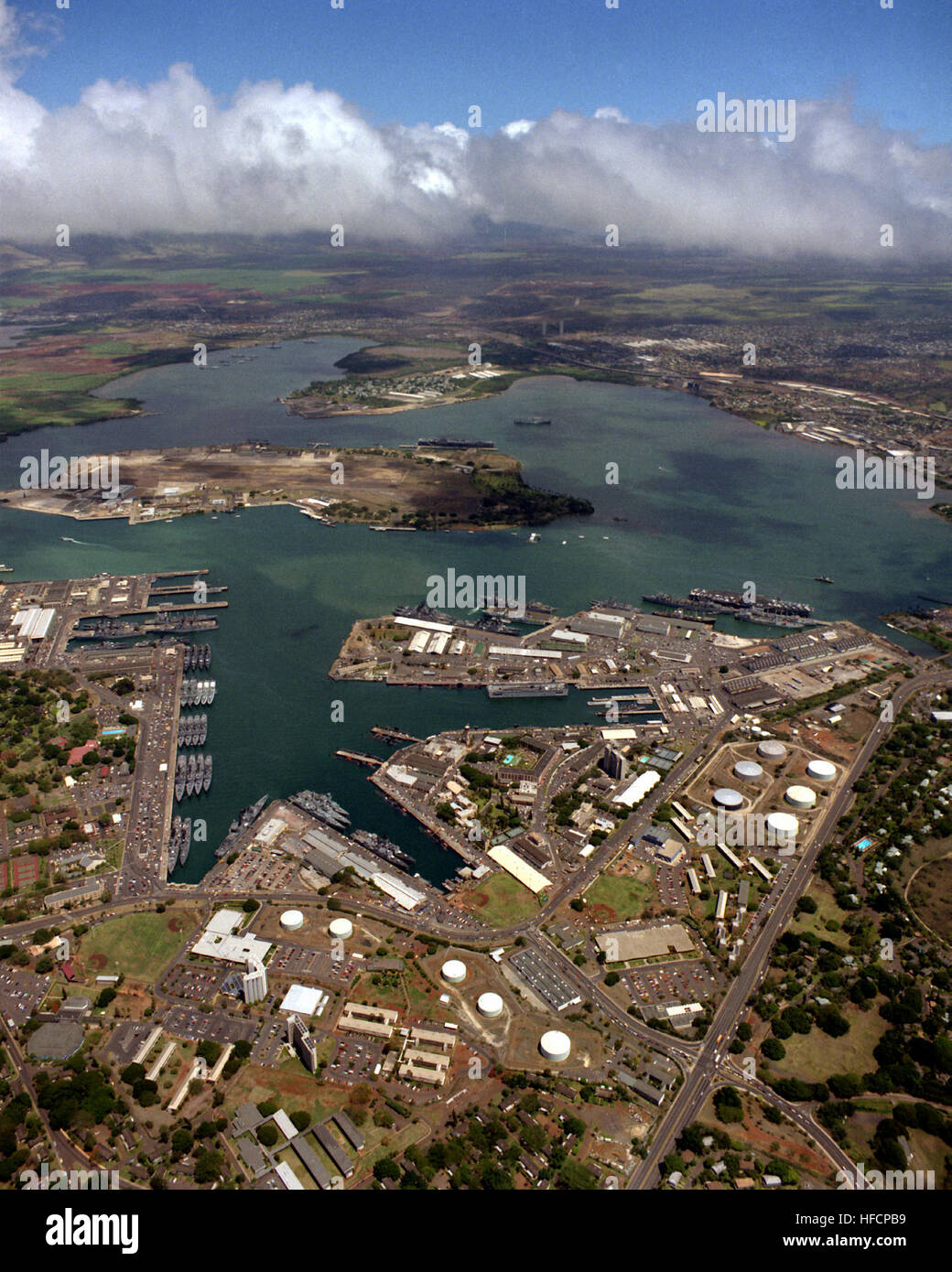 An aerial view of the naval base and Ford Island during Exercise RimPac ...