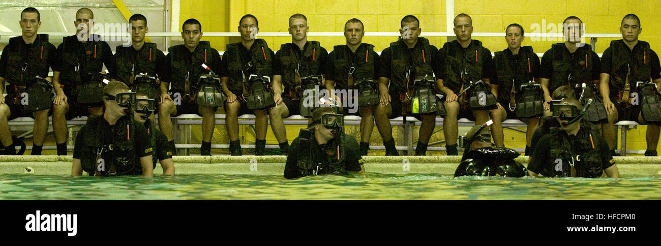 Rescue Swimmer School candidates line up in the pool for daily swim ...