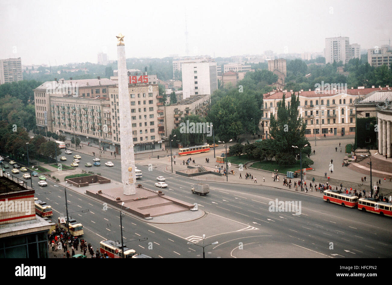Elevated view of the memorial obelisk on Victory Square erected in ...
