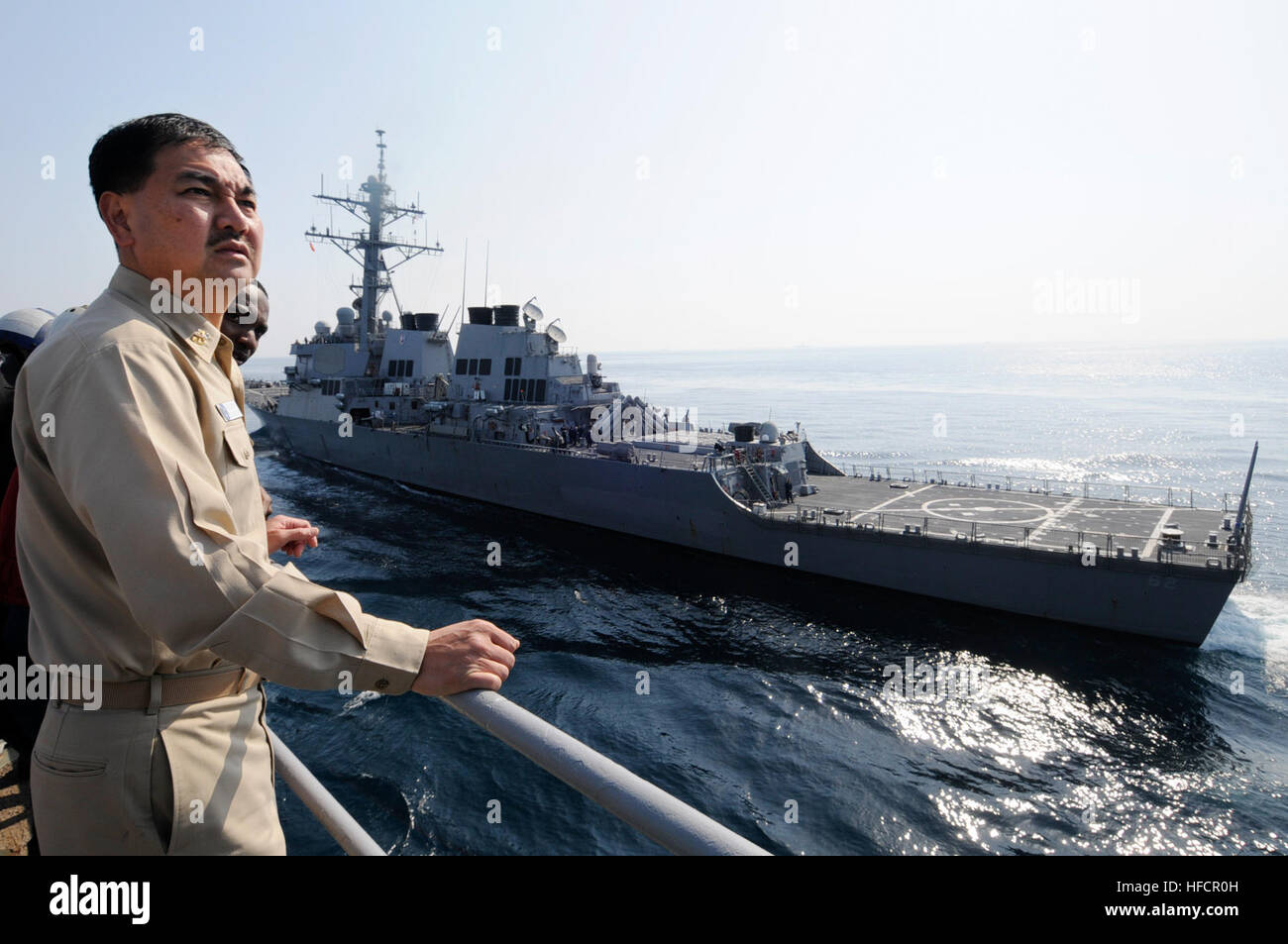 U.S. 7th Fleet Command Master Chief Marcos Sibal watches an oncoming ...