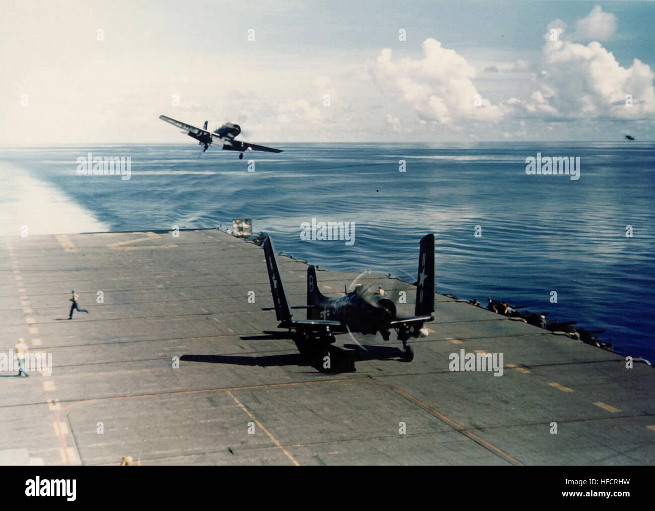AD-3 aircraft of VA-195 squadron lands on USS Boxer (CV-21), conducting ...