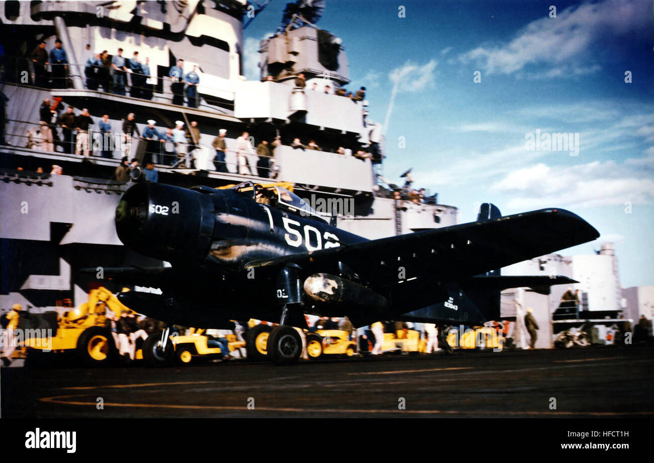 AD-4 of VA-55 taking off from USS Valley Forge (CV-45) 1950 Stock Photo ...