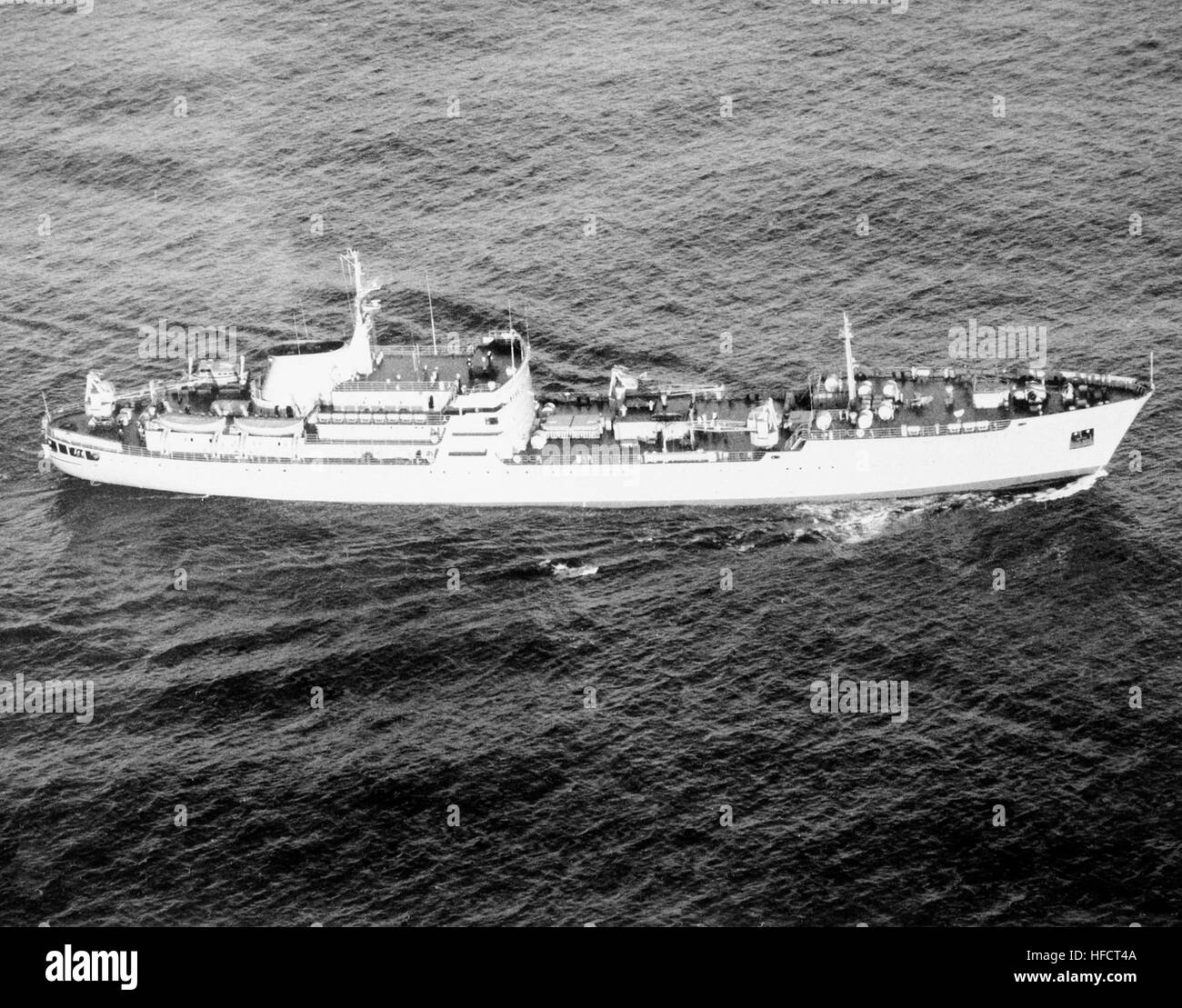 An aerial starboard beam view of a Soviet Amur class repair ship ...