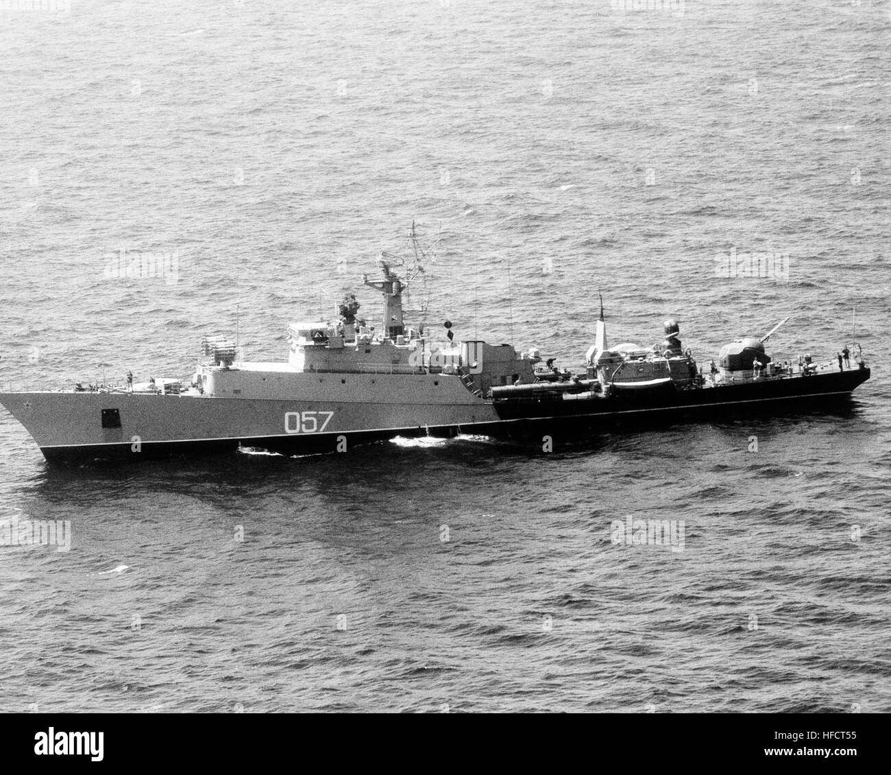 Aerial port beam view of a Soviet Grisha class light frigate armed with ...