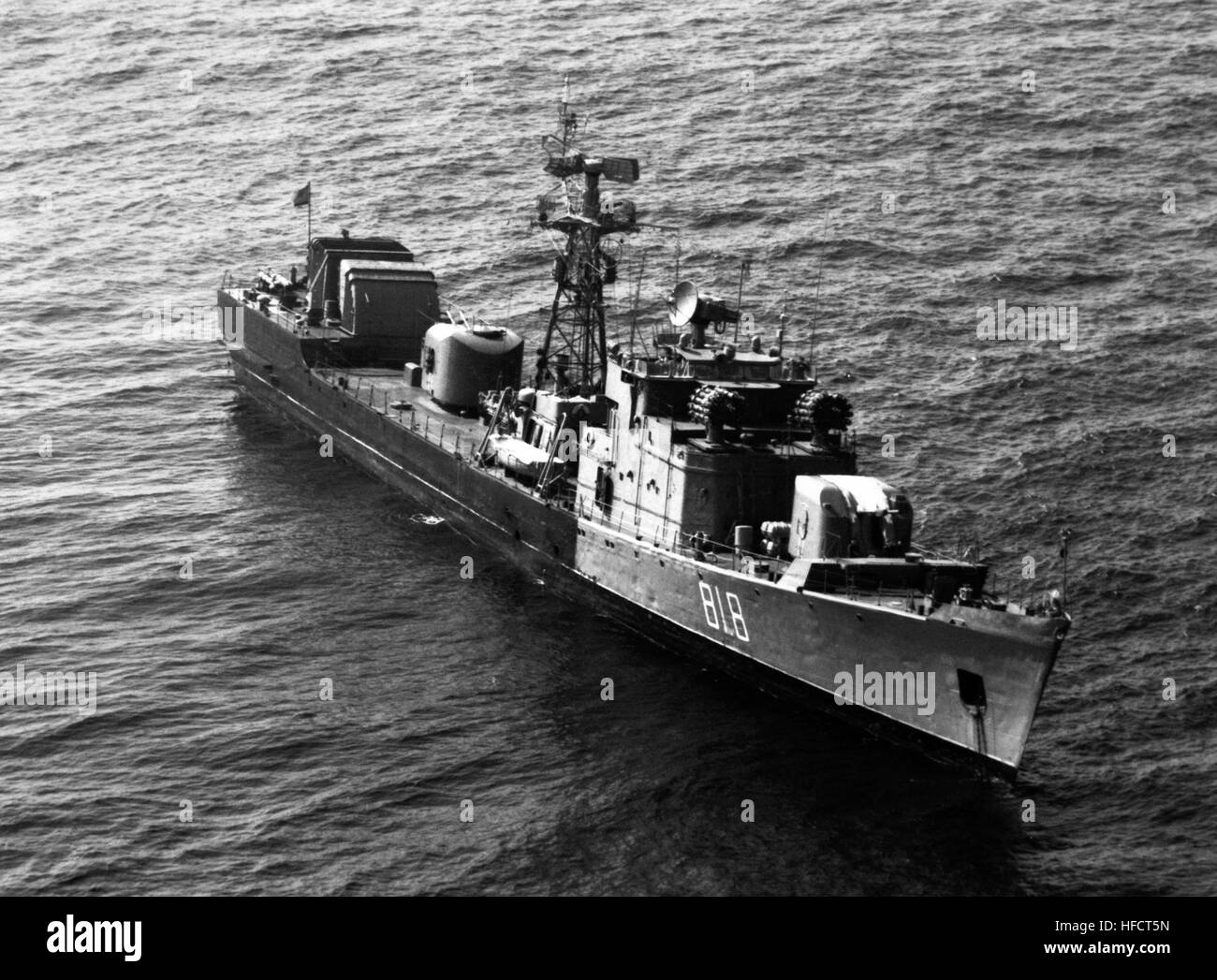 An elevated starboard bow view of a Soviet Mirka II class anti ...