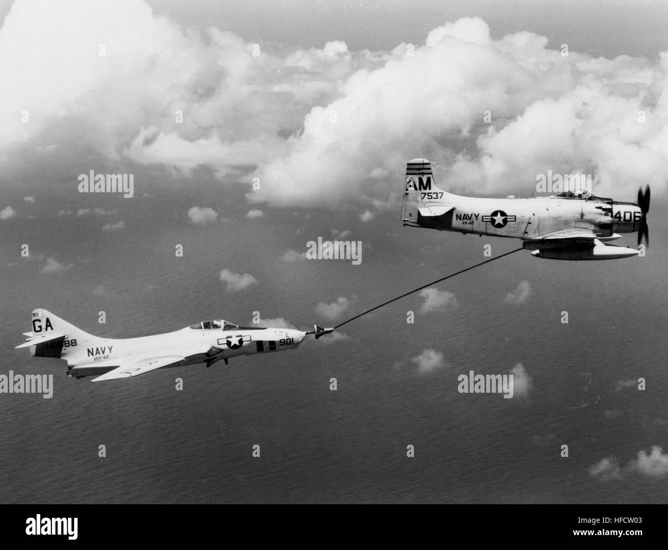 AD-6 Skyraider refueling F9F-8P Cougar 1958 Stock Photo - Alamy