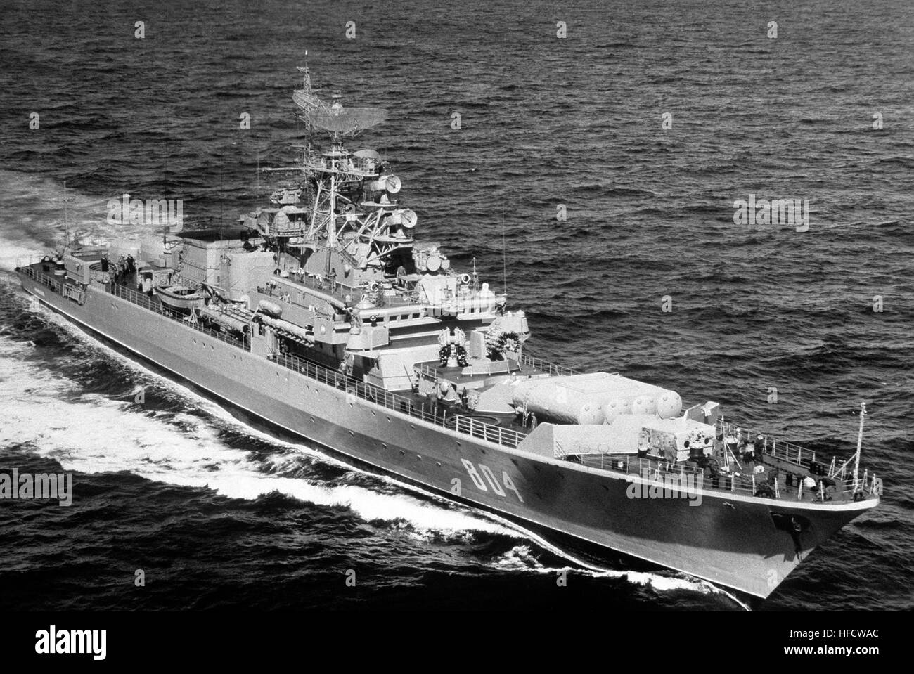 A starboard bow view of a Soviet Krivak class guided missile frigate ...