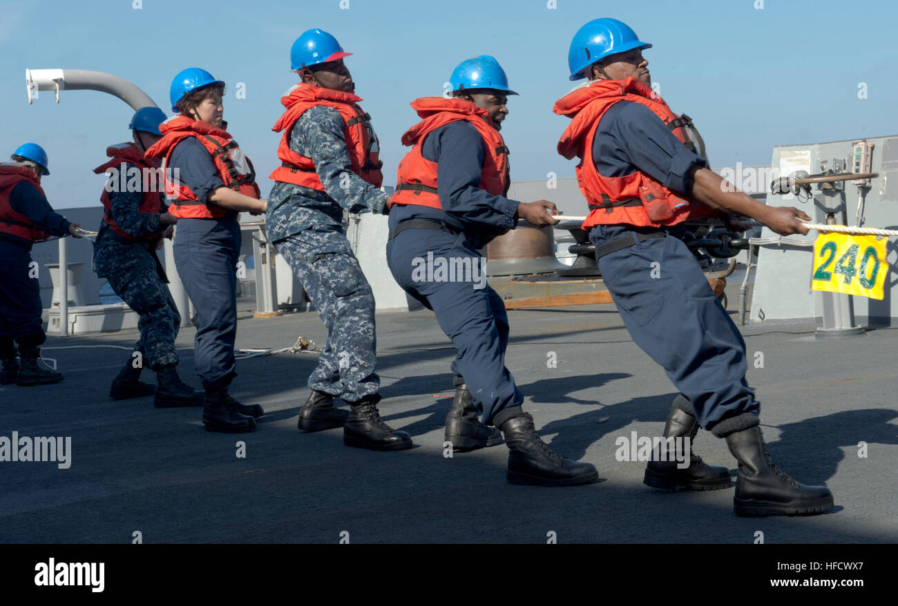 Sailors aboard USS San Antonio (LPD 17) conducted a replenishment-at ...