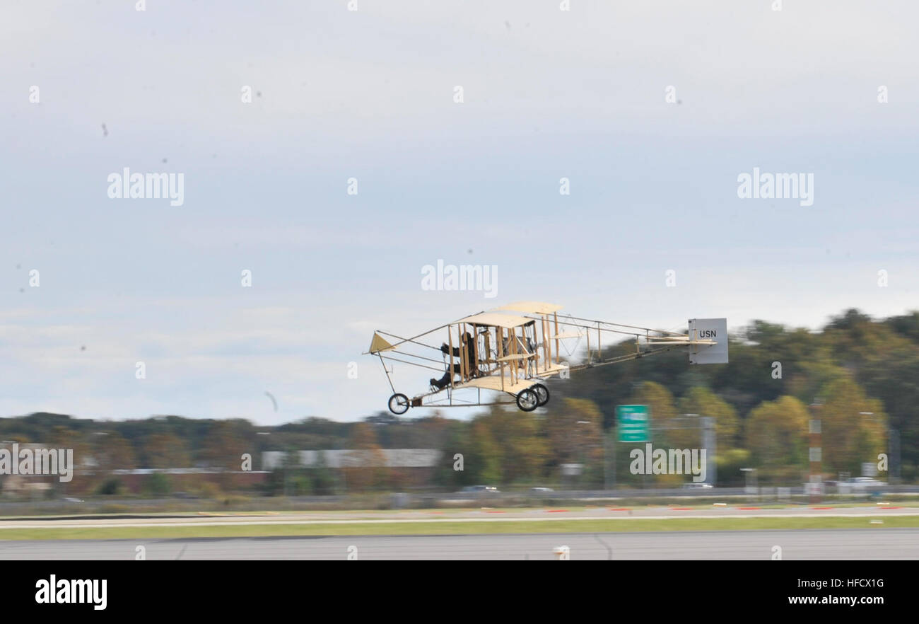 A replica Curtiss bi-plane, like the one flown by Eugene Ely 100 years ...