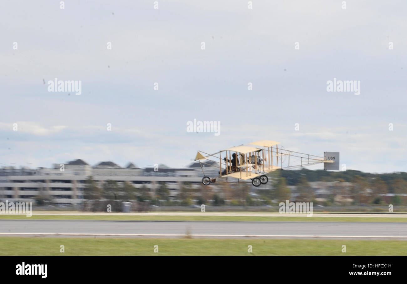 A replica Curtiss bi-plane, like the one flown by Eugene Ely 100 years ...