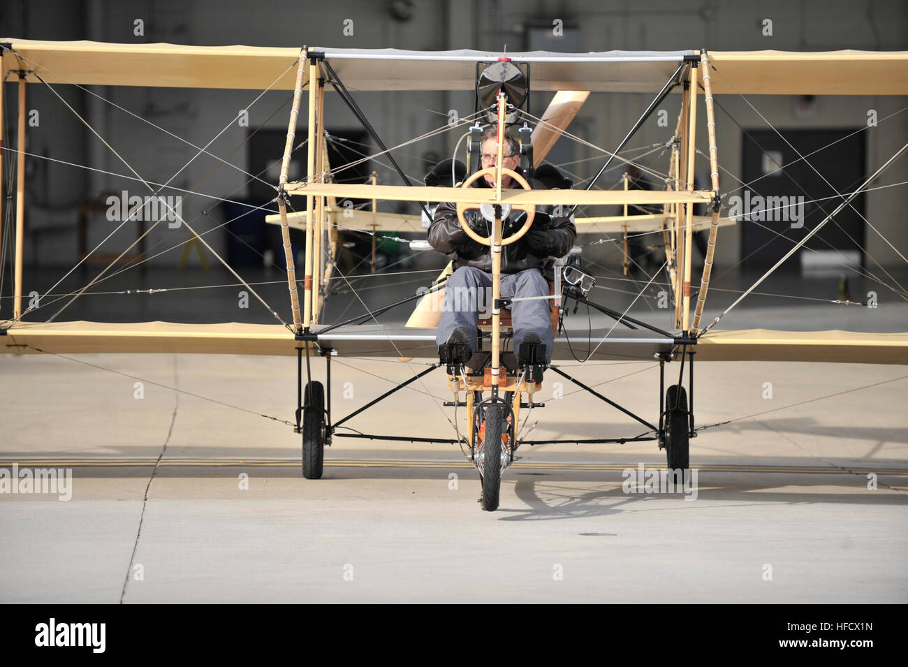 A replica Curtiss bi-plane, like the one flown by Eugene Ely 100 years ...