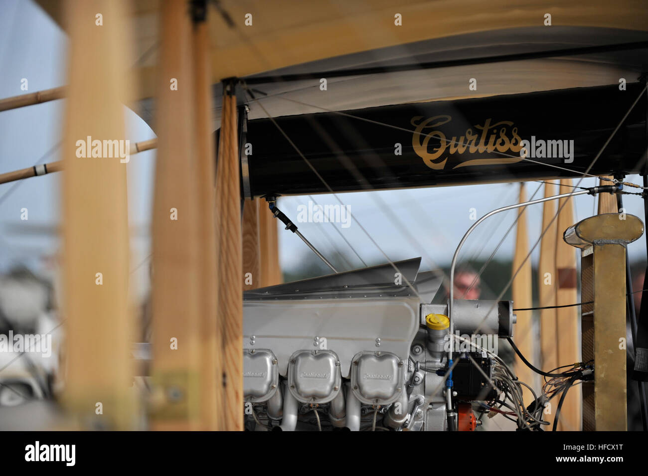 A replica Curtiss bi-plane, like the one flown by Eugene Ely 100 years ...