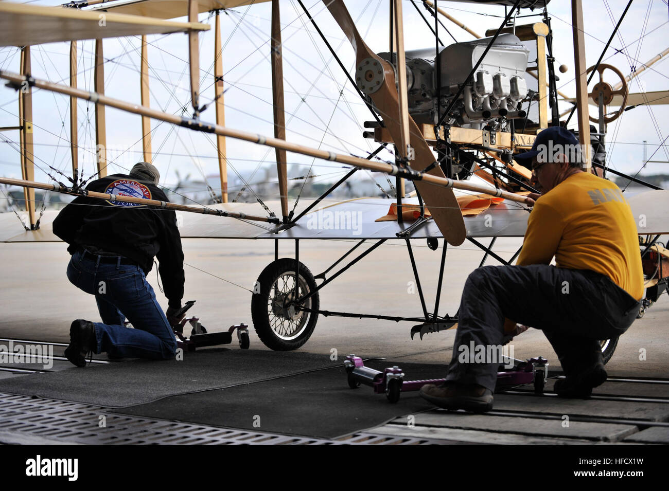 A replica Curtiss bi-plane, like the one flown by Eugene Ely 100 years ...