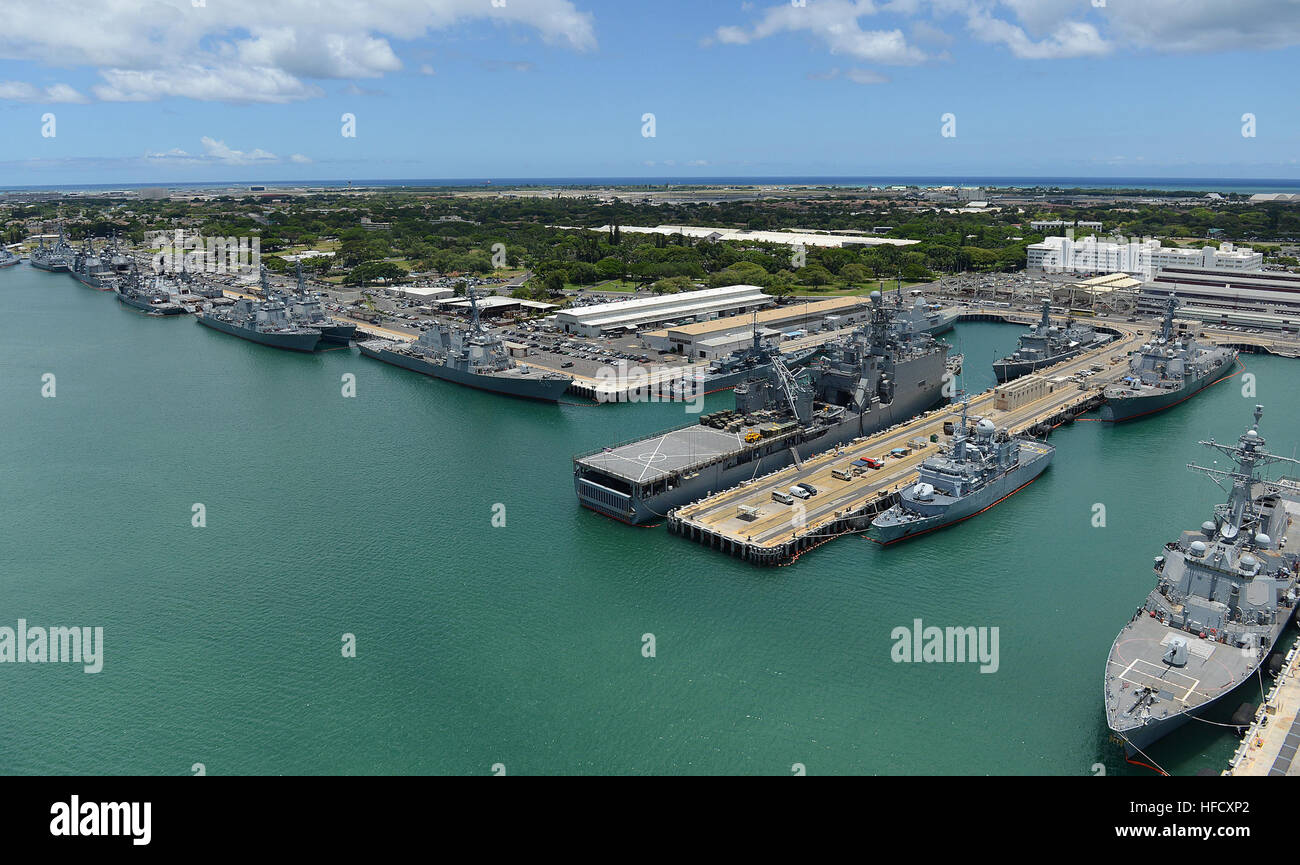 An aerial view of ships moored at Joint Base Pearl Harbor-Hickam during ...