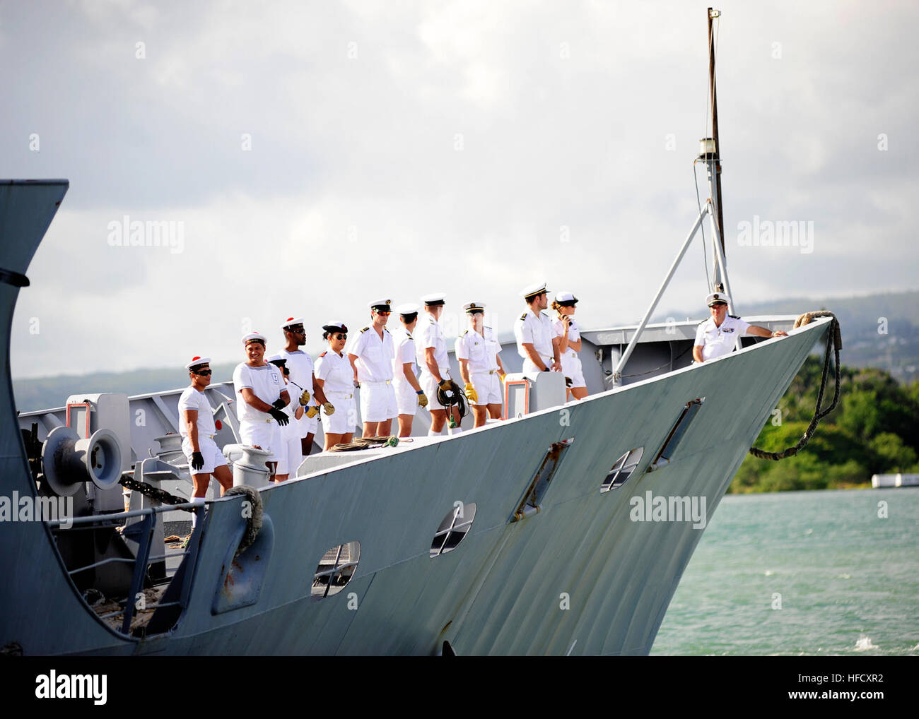 Sailors aboard the French military surveillance ship FS Prairial (F 731 ...