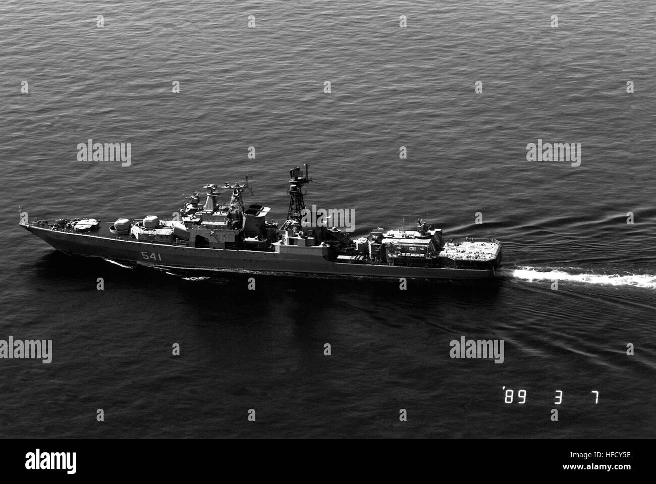 An aerial port view of the Soviet Udaloy class guided missile destroyer ...