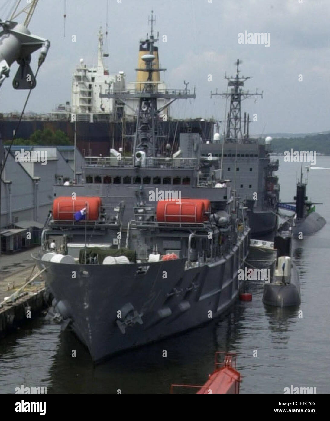 The U.S. Navy's Submarine Rescue Chamber is secured to the deck of MV ...