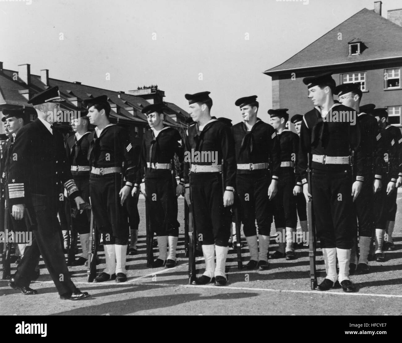 Admiral Forrest P. Sherman inspects a naval honor guard at Heidelberg ...